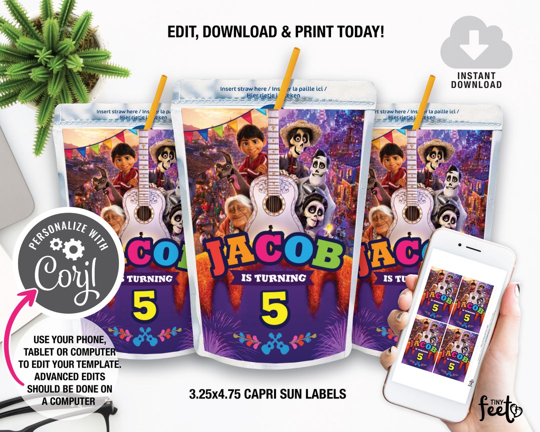 Coco Capri Sun Labels, 5 De Mayo Birthday, Día De Los Muertos Printable ...
