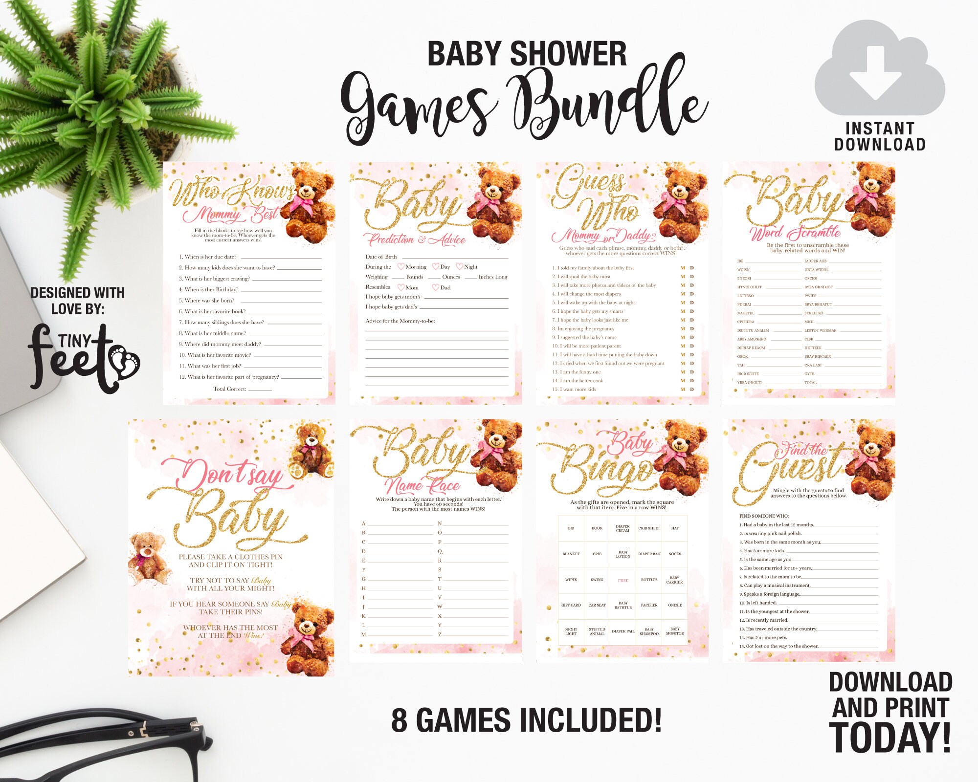 Pink Teddy Bear Baby Shower Games Bundle Printable Teddy Bear - Etsy