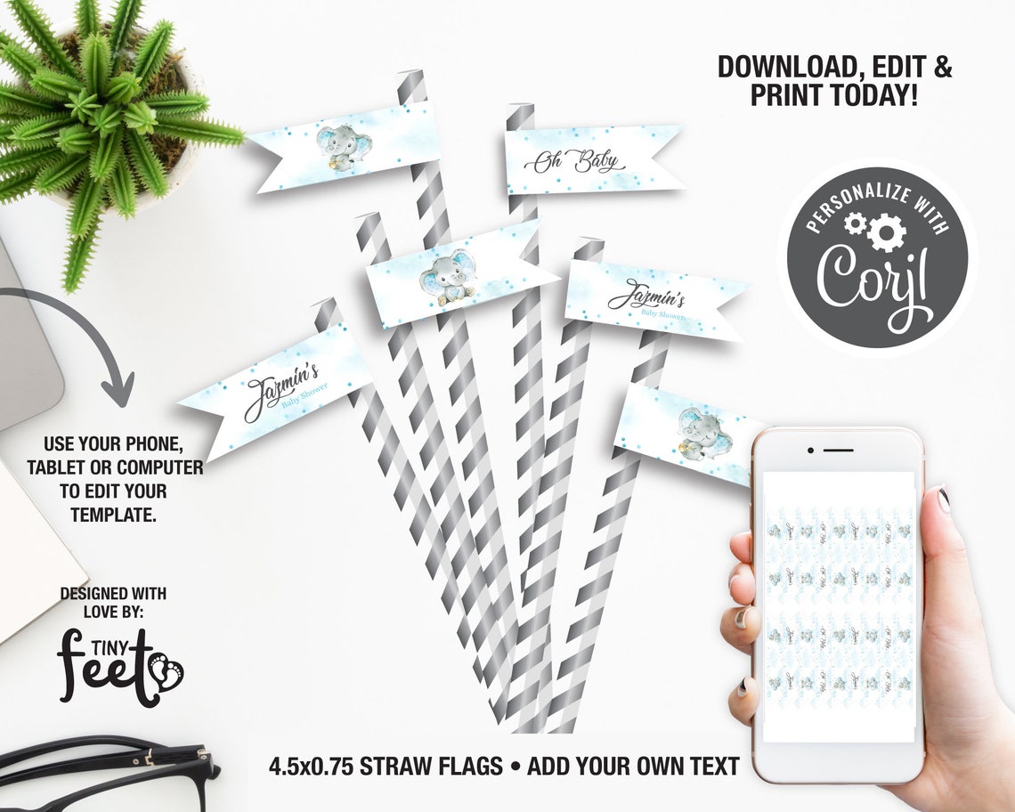 Baby Elephant Baby Shower Straw Toppers Baby Elephant Straw | Etsy