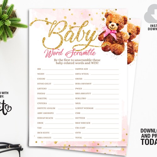 Pink Teddy Bear Baby Shower Game Baby Word Scramble Teddy | Etsy