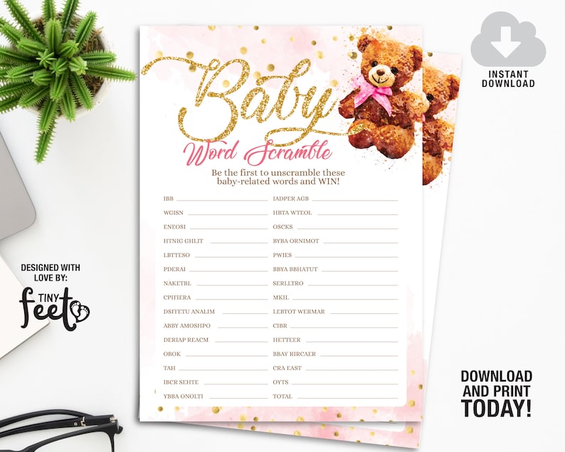Pink Teddy Bear Baby Shower Game Baby Word Scramble Teddy - Etsy