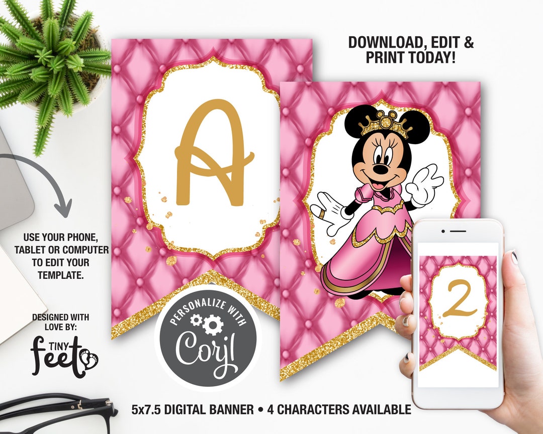 Princess Minnie Birthday Banner, Royal Minnie Mouse Party Decoration ...