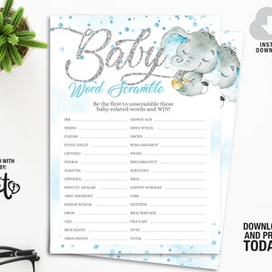Baby Elephant Baby Shower Game Baby Word Scramble, Baby Elephant Baby ...