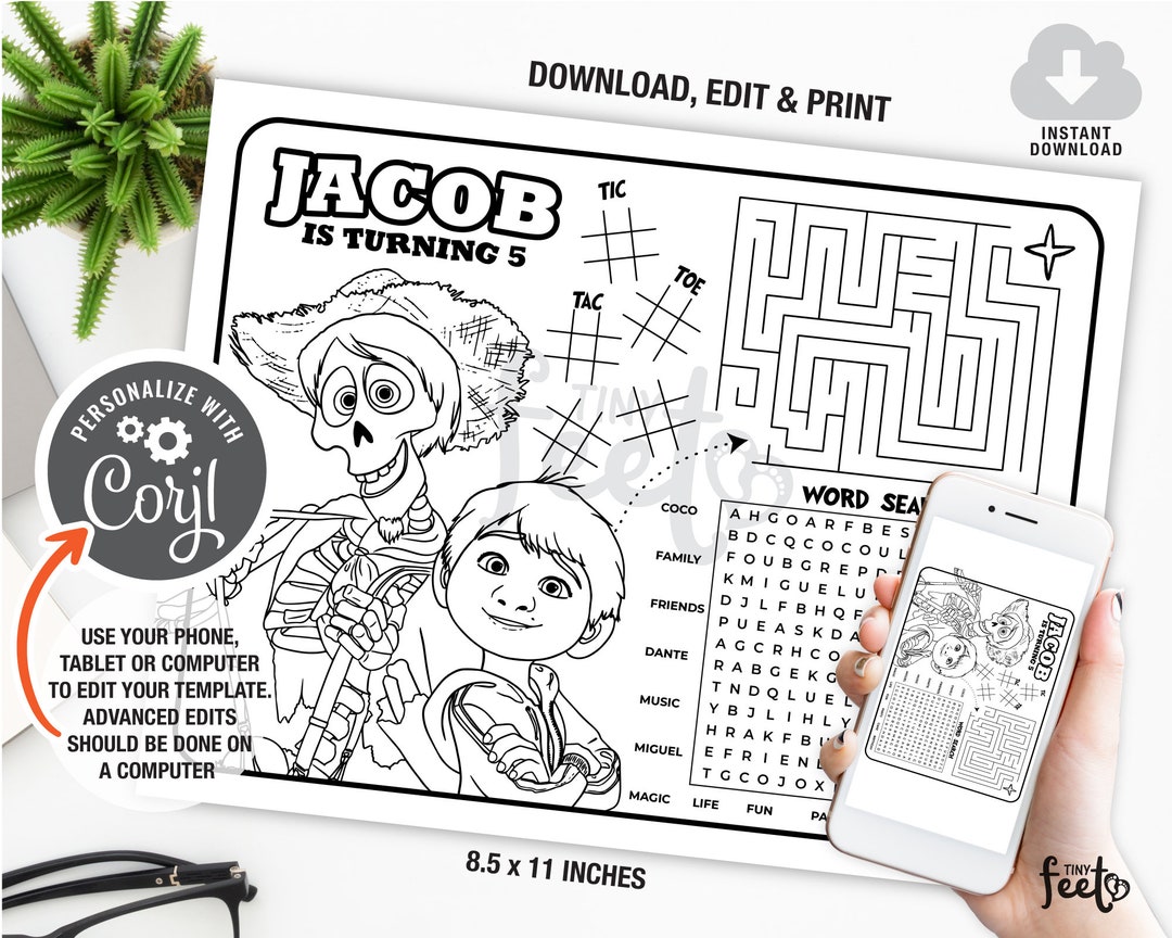 Coco Activity Placemat, Custom Name Coco Birthday Game, Mexican ...