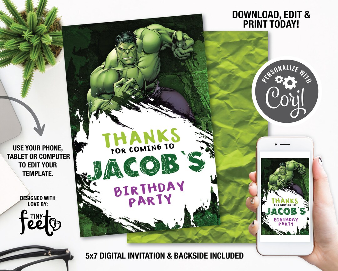 Hulk Thank You Card, the Incredible Hulk Birthday Party, Digital Hulk ...