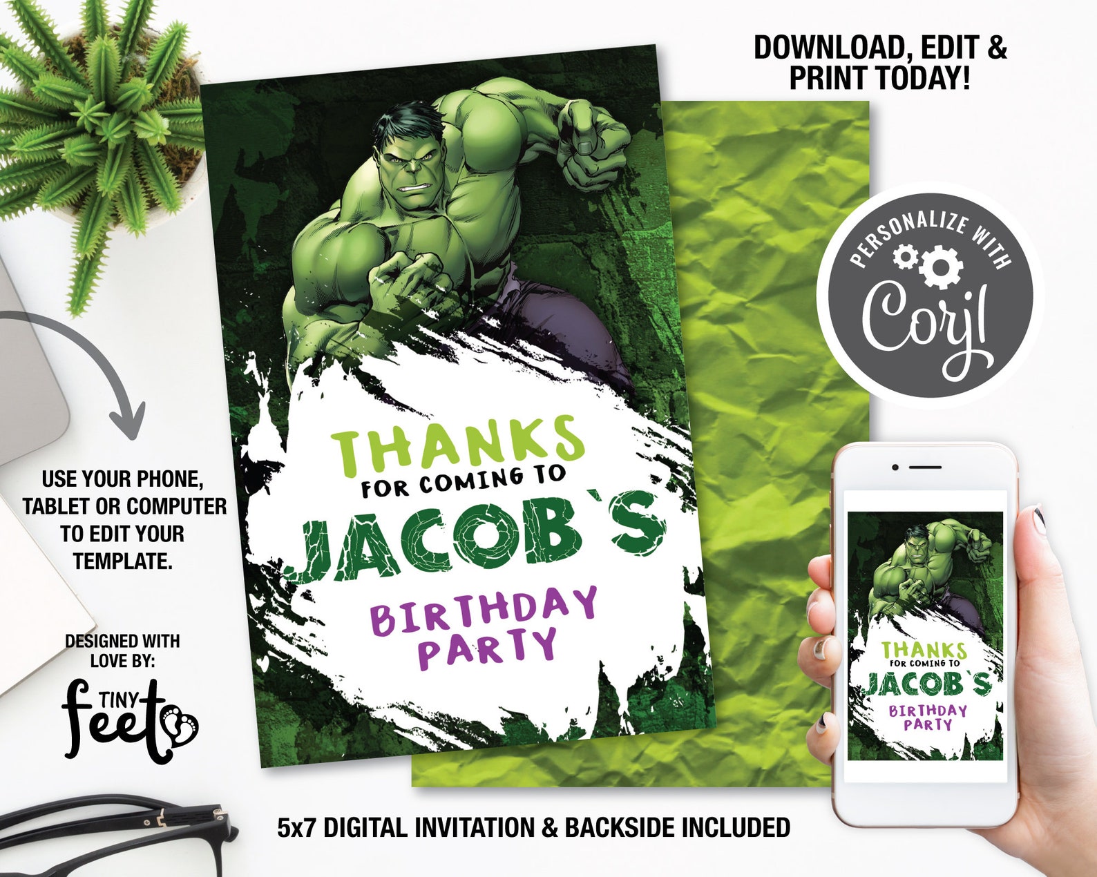 Hulk Thank You Card the Incredible Hulk Birthday Party - Etsy