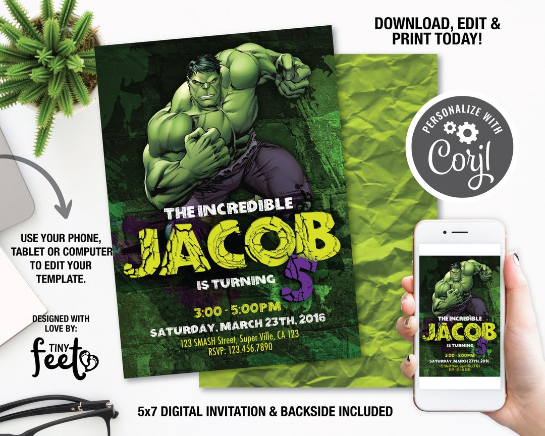 Hulk Birthday Invitations, the Incredible Hulk Birthday Invite, Digital ...