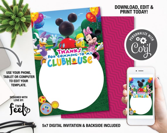 Mickey Mouse Clubhouse Thank You Card Minnie Mouse Clubhouse - Etsy