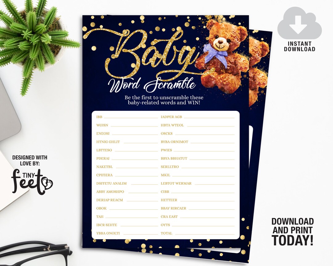 Teddy Bear Baby Shower Game Baby Word Scramble, Navy Blue Teddy Bear ...