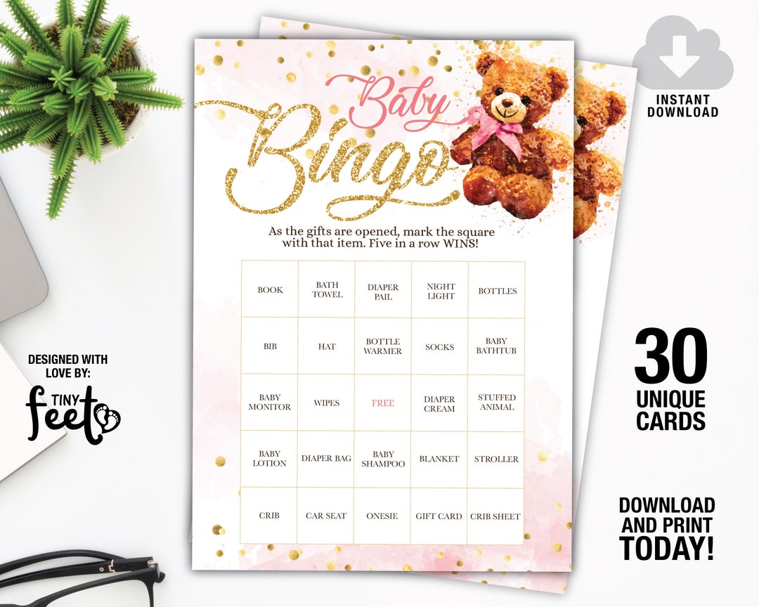 Pink Teddy Bear Baby Shower Bingo Cards, Teddy Bear Baby Shower Game ...