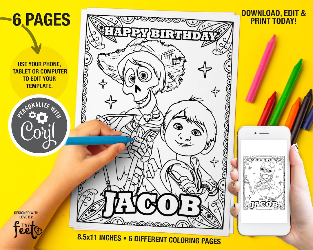 Coco Coloring Pages, Custom Name Mexican Party Coloring Pages, Birthday ...