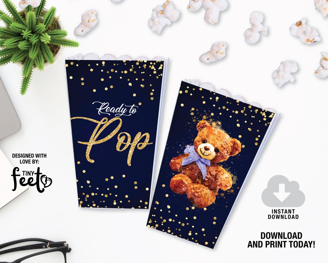 Teddy Bear Baby Shower Popcorn Box, Navy Blue Teddy Bear Baby Shower ...
