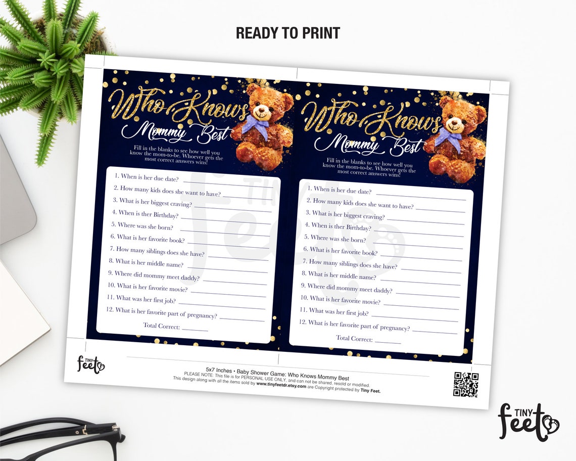 Teddy Bear Baby Shower Game Navy Blue Who Knows Mommy Best - Etsy