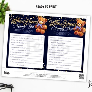 Teddy Bear Baby Shower Game, Navy Blue Who Knows Mommy Best, Teddy Bear ...