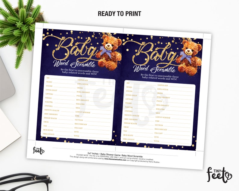 Teddy Bear Baby Shower Game Baby Word Scramble Navy Blue | Etsy