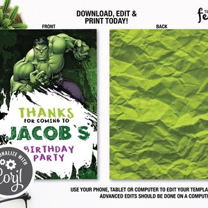 Hulk Thank You Card, the Incredible Hulk Birthday Party, Digital Hulk ...