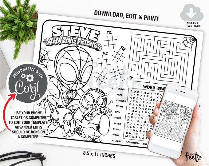 Spiderman Coloring Activity Sheet Placemat Kids Birthday Party - Etsy ...