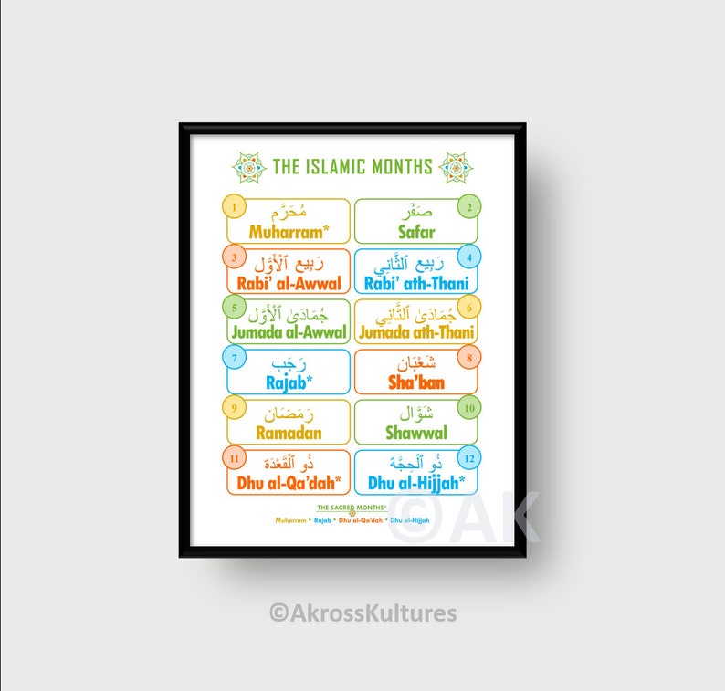 Islamic Months Hijri Calendar Poster Print Wall Art Printable Colored ...