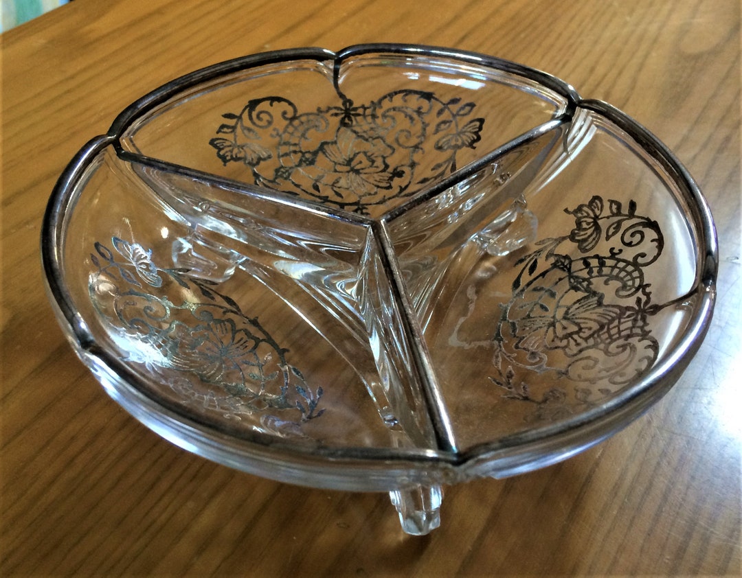 Vintage Glass Condiment Bowl 3 Separations With Silver / 3 Part Silver ...