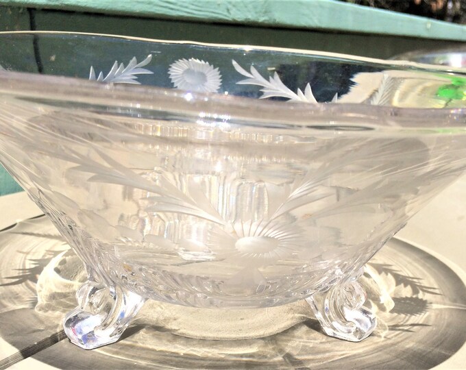 Vintage Footed Etched Console Clear Glass Bowl From Depression Era - Etsy