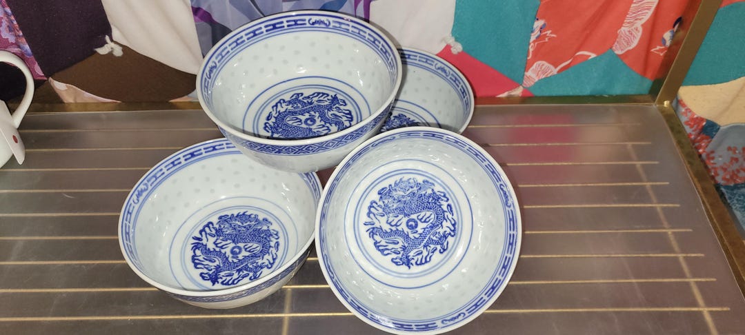 Vintage Chinese Porcelain Rice Grain Eye Pattern Set of 4 Rice Bowls ...