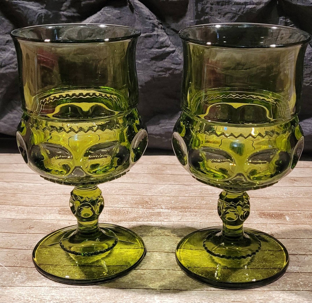 Set of Two Kings Crown by Indiana Glass Co Wine Goblets Olive Green 5 3 ...