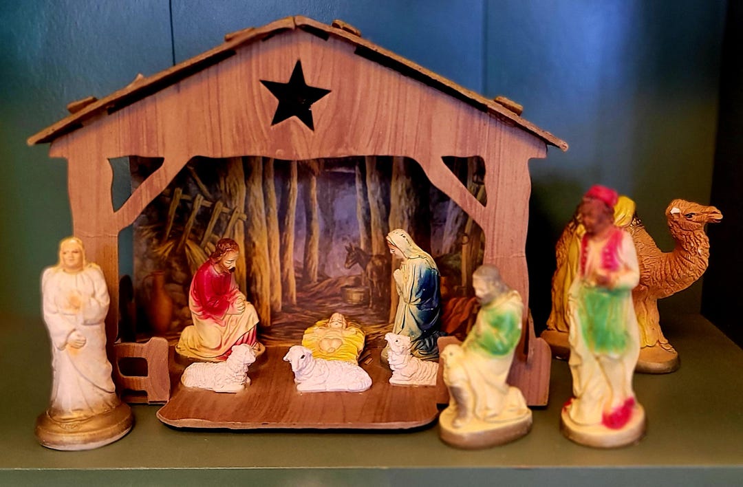 Vintage Christmas Nativity Set Cardboard Manger Stable Mid Century ...