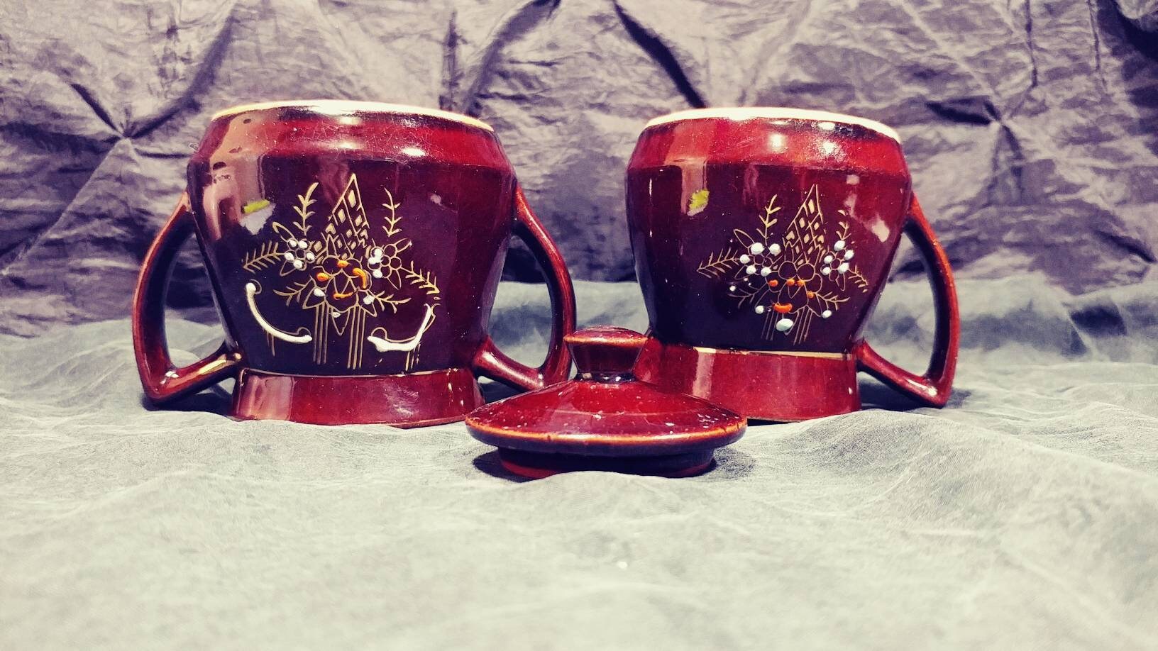 Vintage Japan redware brown with floral moriage detail cream | Etsy