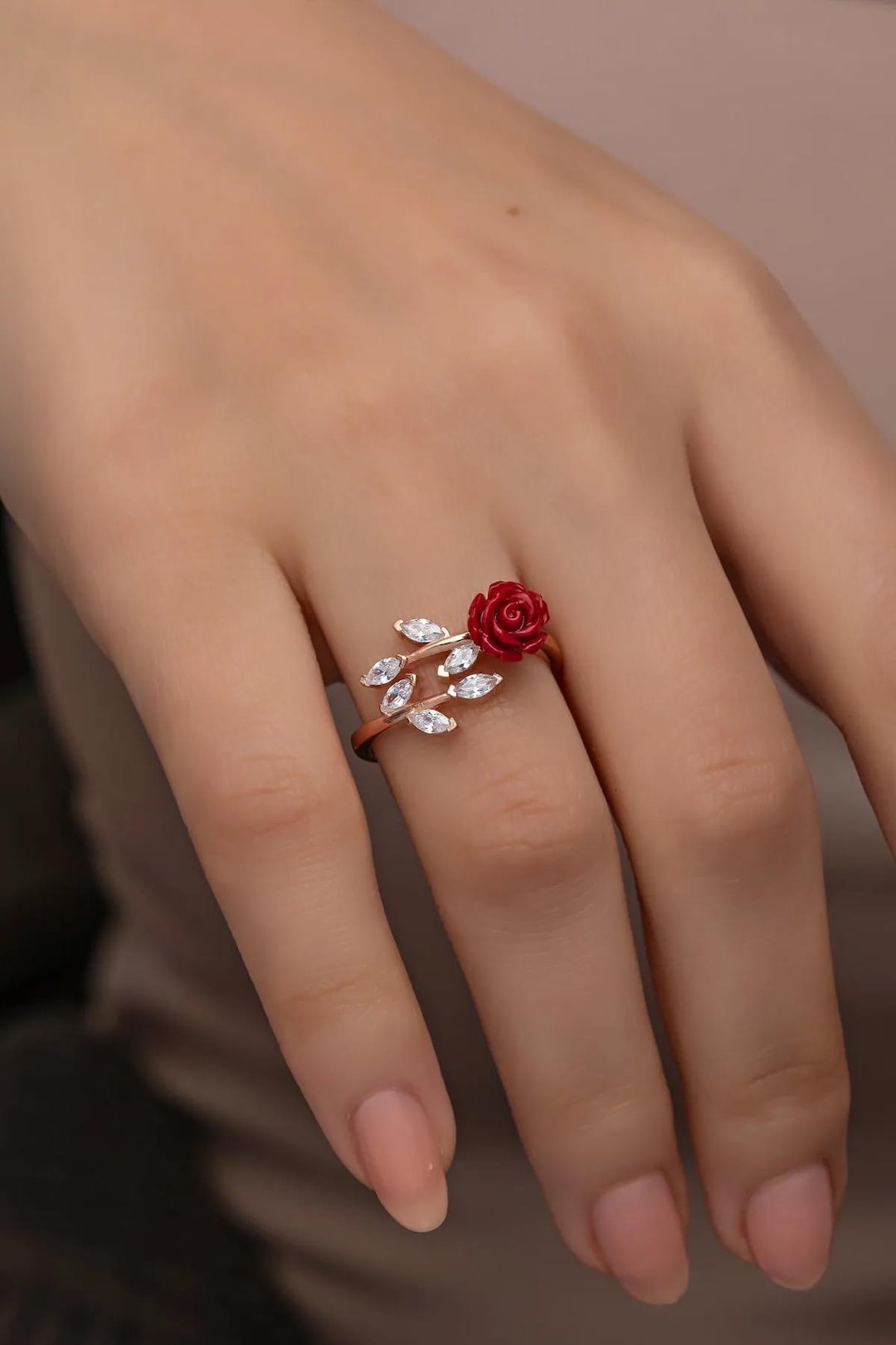 Adjustable Red Rose Ring, Elegant Red Rose Ring With Sparkly Gemstone, Wedding Ring Gift, Rose ...
