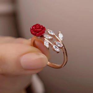 Adjustable Red Rose Ring, Elegant Red Rose Ring With Sparkly Gemstone ...