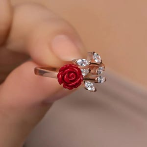 Adjustable Red Rose Ring, Elegant Red Rose Ring With Sparkly Gemstone ...
