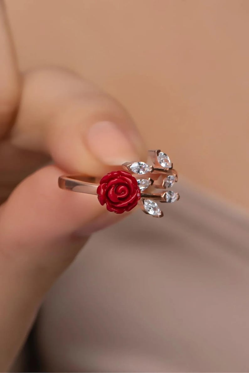 Adjustable Red Rose Ring, Elegant Red Rose Ring With Sparkly Gemstone, Wedding Ring Gift, Rose ...
