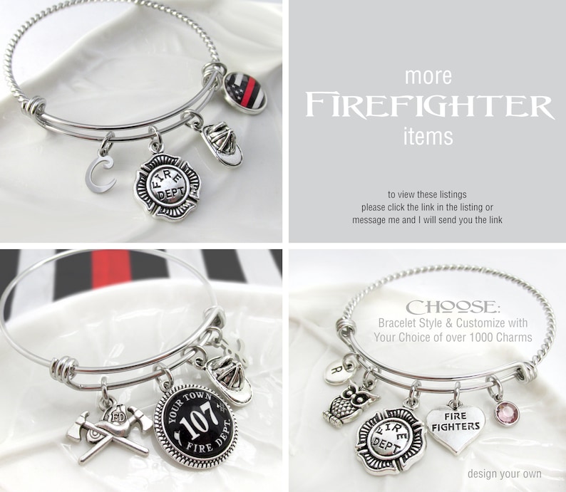 FIREFIGHTER Charm Bracelet, Thin Red Line Bangle, Firefighter Jewelry ...