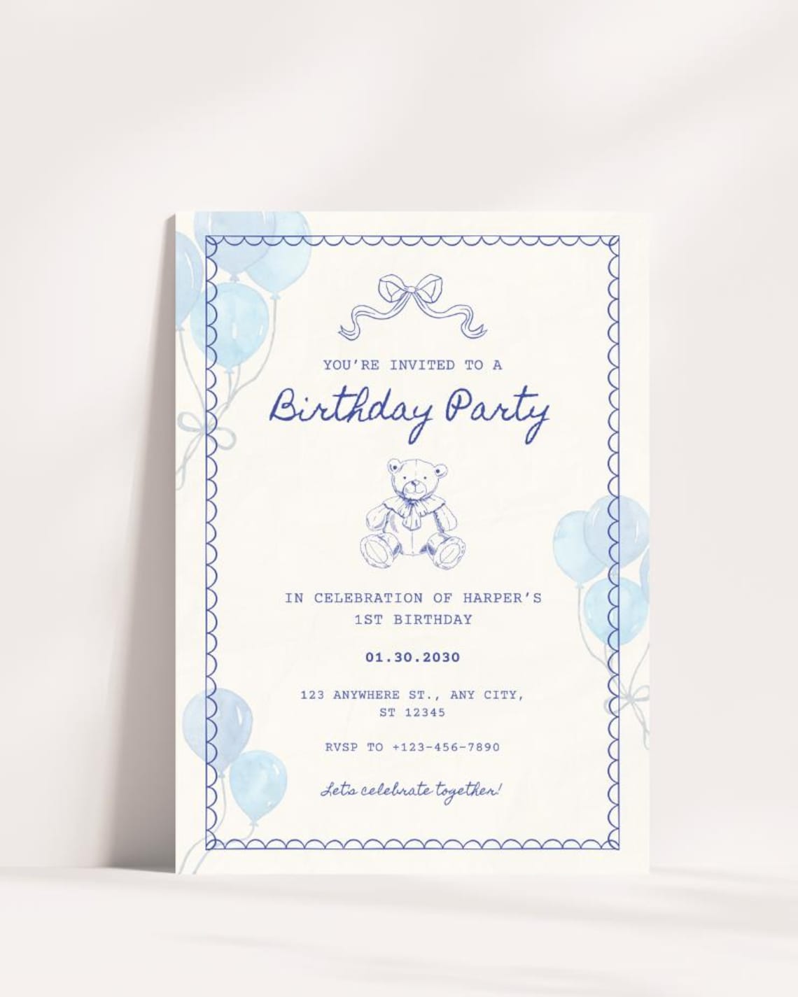 Editable Blue Teddy Bear 1st Birthday Invitation Template | Custom Baby ...