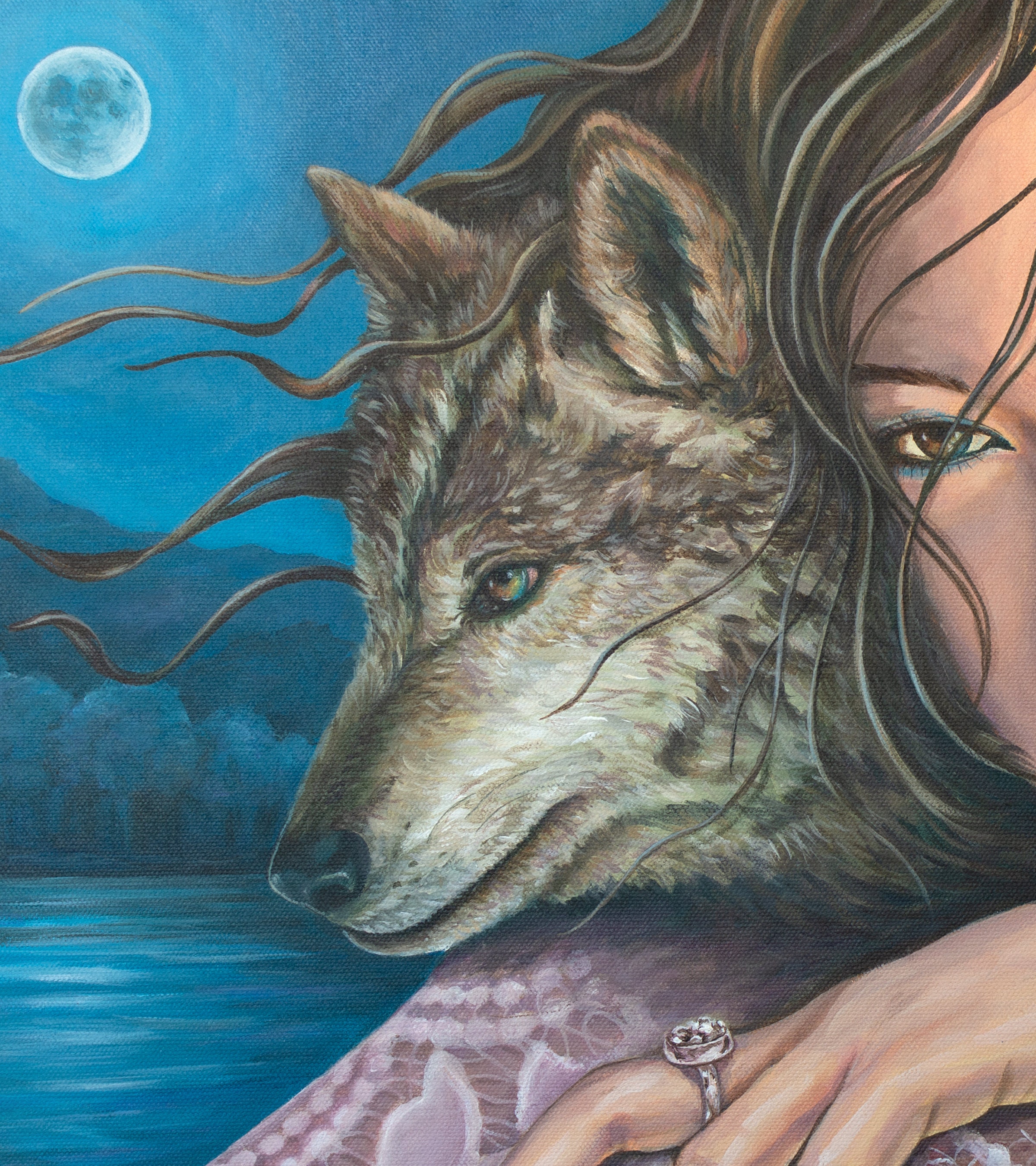 Wolf Spirit Acrylic Painting, Original Canvas Art, Full Moon Lake Decor ...