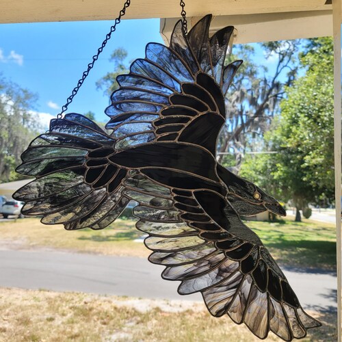 Stormcrow Raven in Flight Stained Glass Crow Panel Window - Etsy