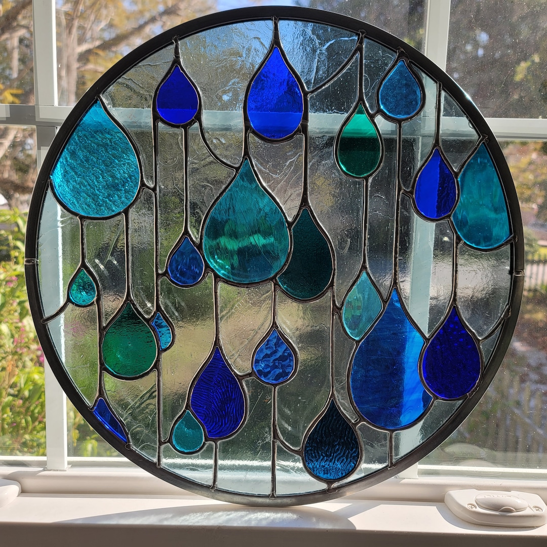 Ready to Ship! in the Rain | Stained Glass Raindrops Circle Art ...