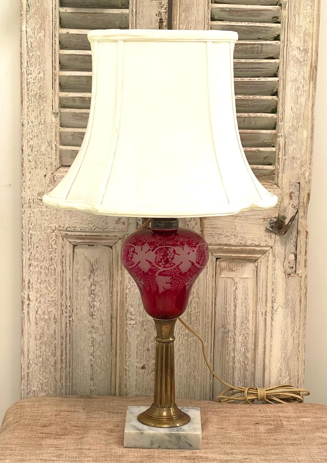 Antique Ruby Red Glass Cut to Clear Lamp, Metal Column, Base With ...