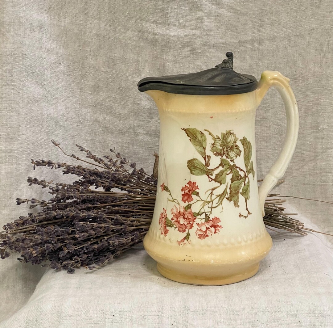 Antique Ceramic Milk Pitcher With Pewter Lid, Transferware Floral ...