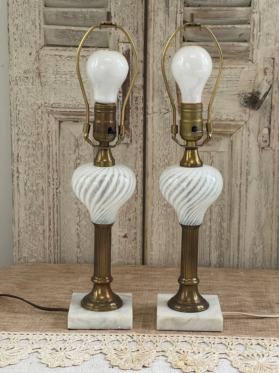 Beautiful Pair of Antique Fenton Lamp With Swirl, Opalescent, Glass and ...