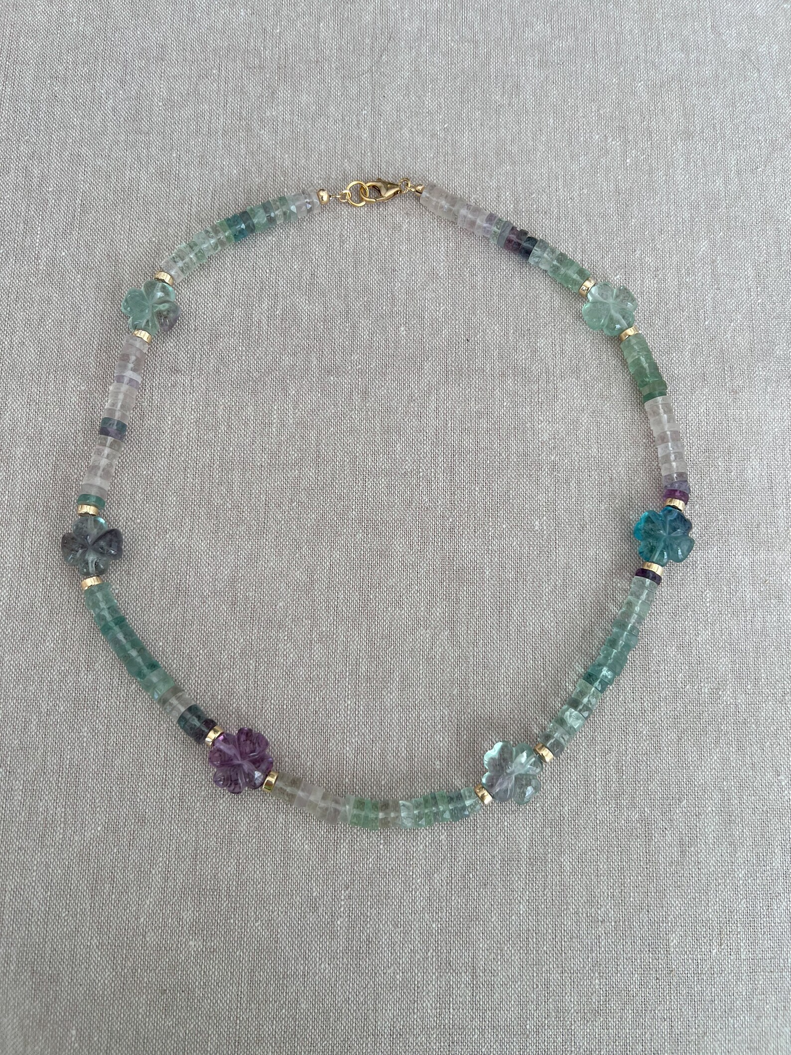 Fluorite Necklace With Carved Fluorite Flower Accents, Gemstone ...
