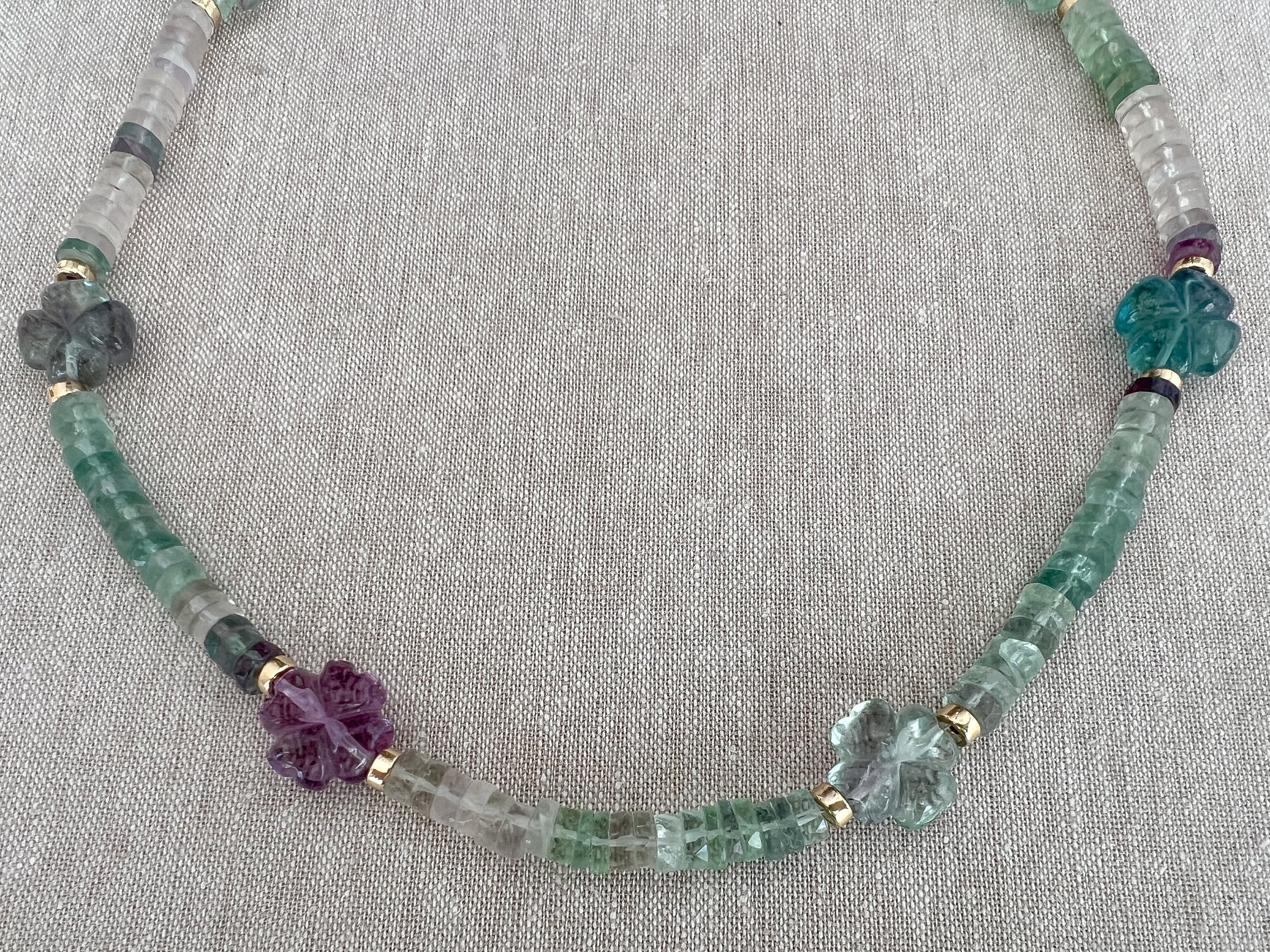 Fluorite Necklace With Carved Fluorite Flower Accents, Gemstone ...