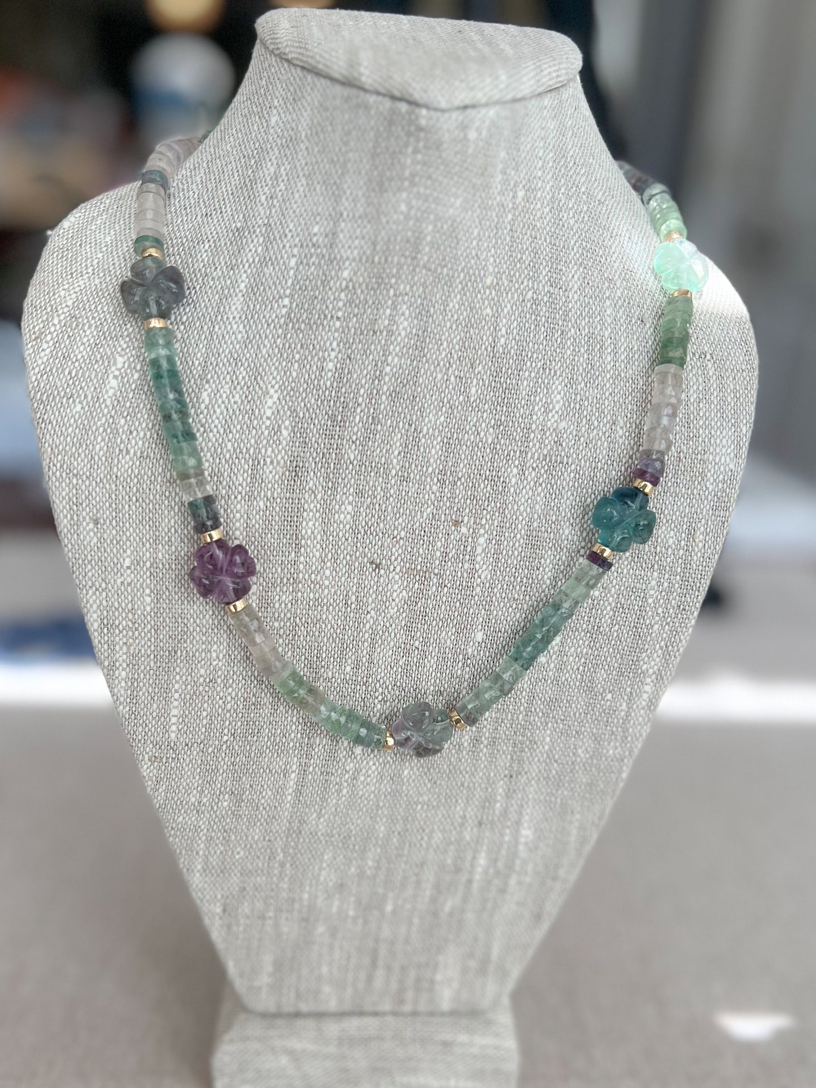 Fluorite Necklace With Carved Fluorite Flower Accents, Gemstone ...
