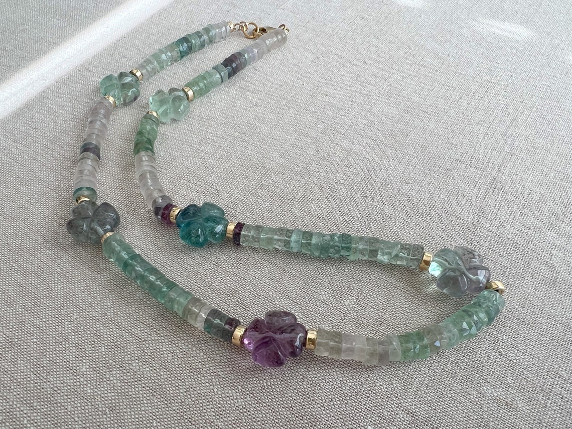 Fluorite Necklace With Carved Fluorite Flower Accents, Gemstone ...