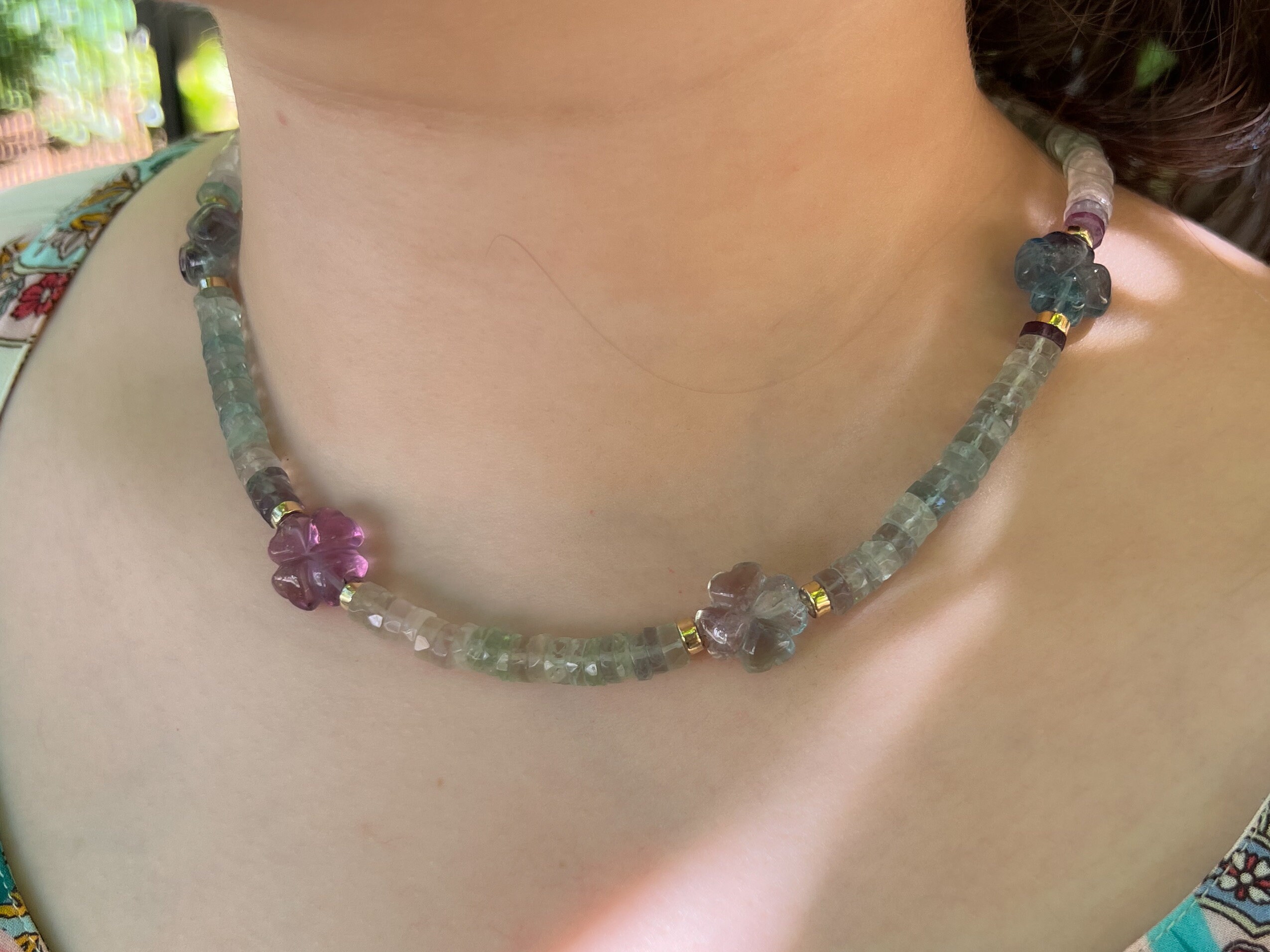 Fluorite Necklace With Carved Fluorite Flower Accents, Gemstone ...