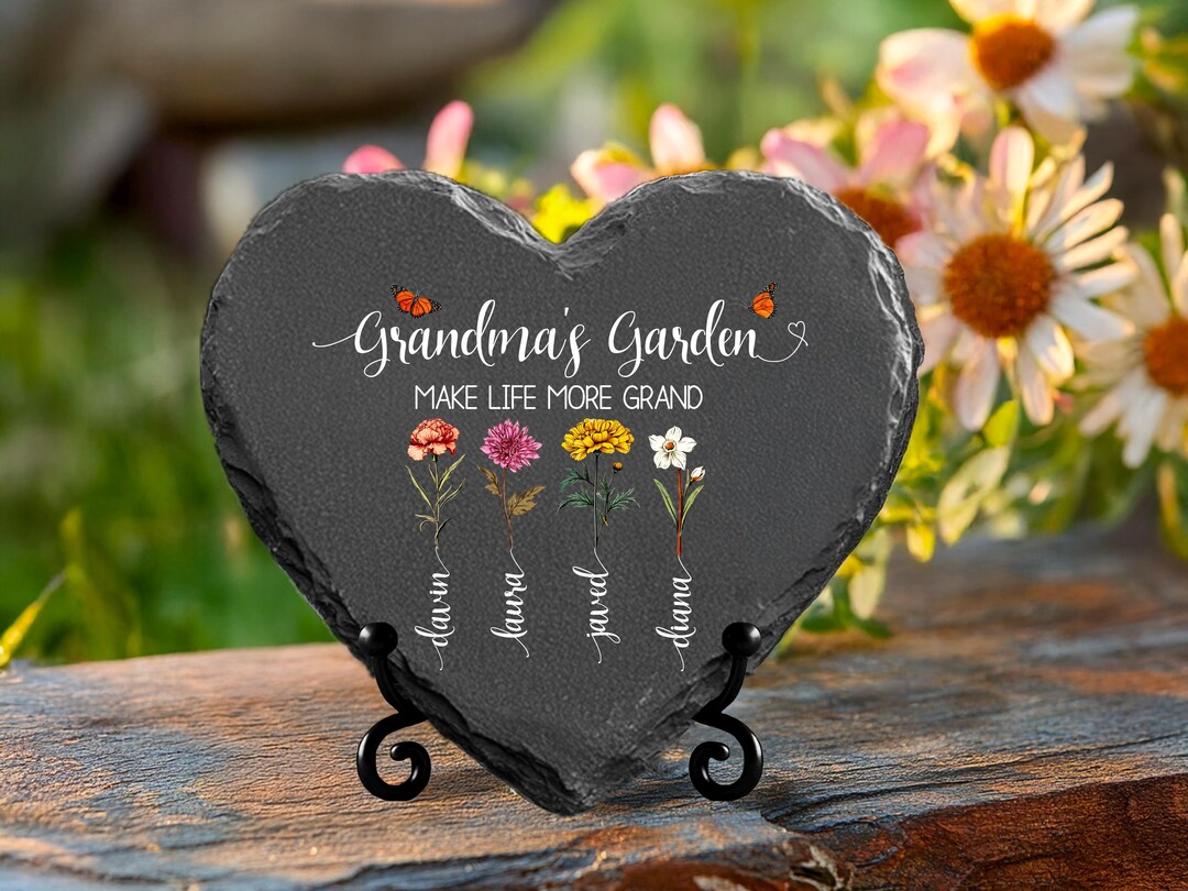 Personalized Grandma’s Garden Slate Heart, Custom Birth Month Flower ...