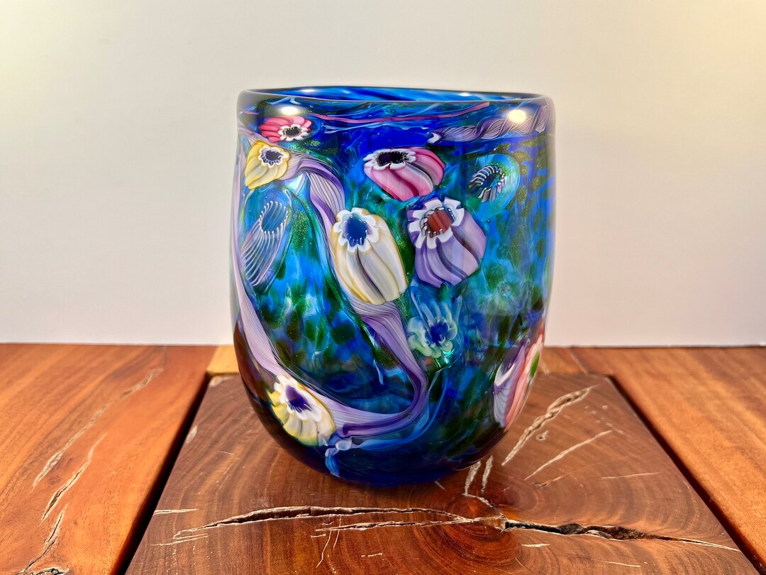 Paul Counts Pulled Millefiori Art Glass Vase Ocean or Flower Design Signed Not Dated 7.5 Inches ...