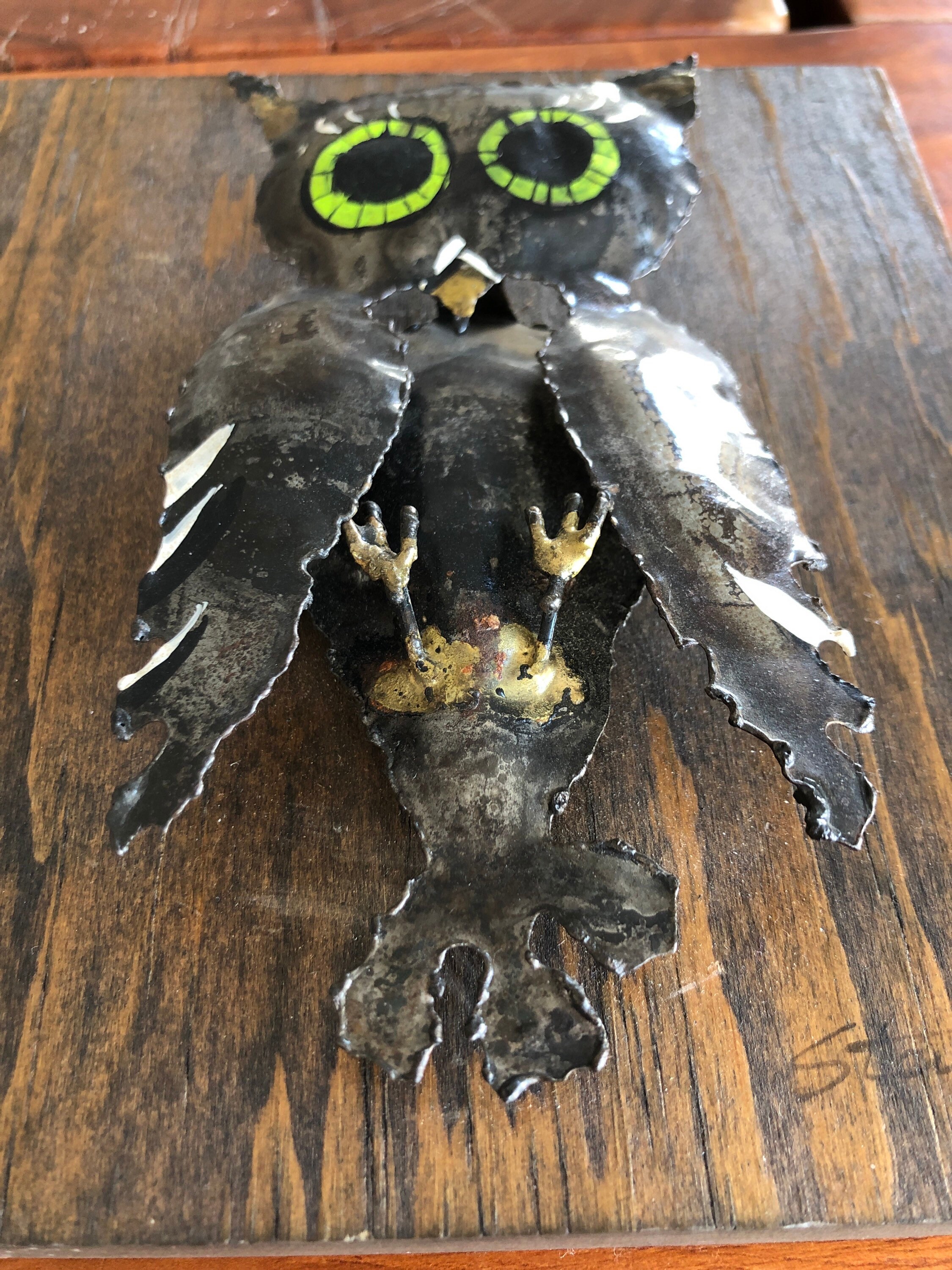Small Metal Owl Wall Art Displayed on Wood Signed - Etsy