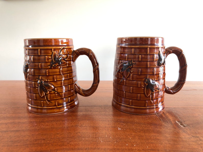 Set of 2: Vintage Brown Weaved Beehive Mugs 8 Oz - Etsy
