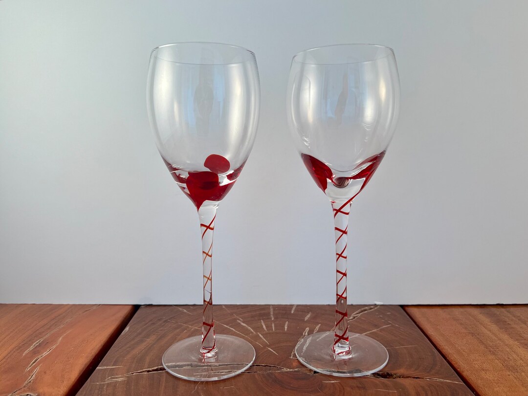 Set of 2 : Hand Blown Wine Glasses Red Ribbon Pattern 10 Fl Oz - Etsy